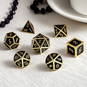 DNDND Metal Dice Set D&D, 7 die Metal Polyhedral Dice Set with Gift Metal Box and Gold Number for DND Dungeons and Dragons Role Playing Games (Black and Gold)