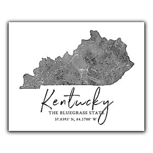 Kentucky State Map Wall Art Print - 8x10 Silhouette Decor Print with Coordinates. Makes a Great Bluegrass State-Themed Gift. Shades of Grey, Black & White.