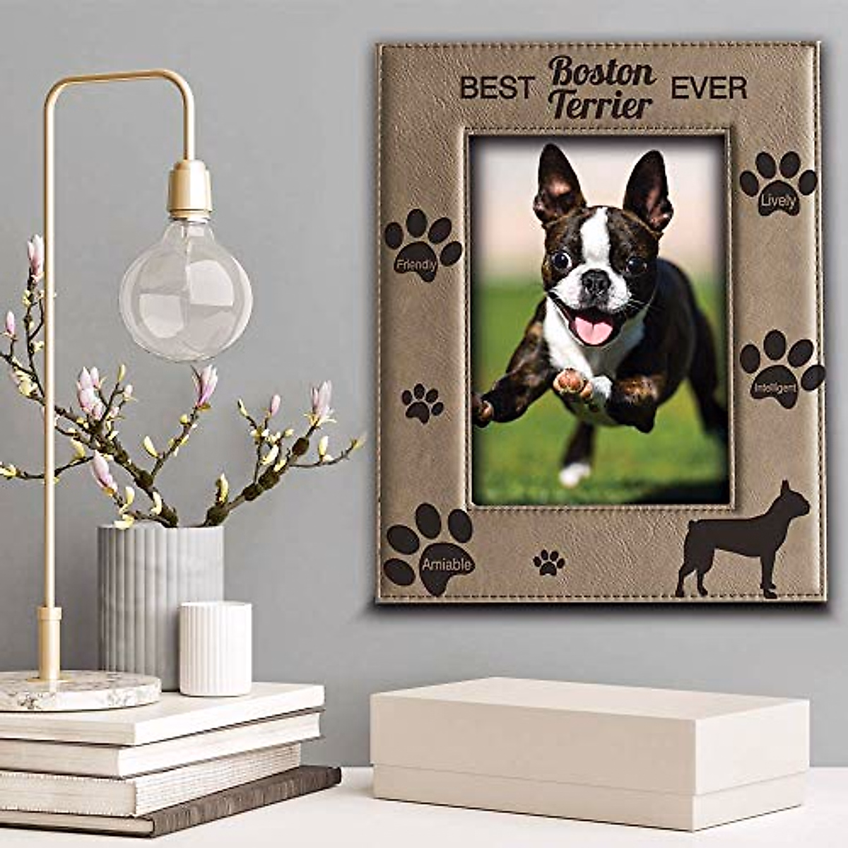 BELLA BUSTA - Best Boston Terrier Ever-Dog photo frame-Dog Lover-Engraved Leather Picture Frame (5 x 7 Vertical)