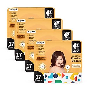 Hello Bello Premium Baby Diapers Size 6 I 68 Count of Disposable, Extra-Absorbent, Hypoallergenic, and Eco-Friendly Baby Diapers with Snug and Comfort Fit I Building Blocks