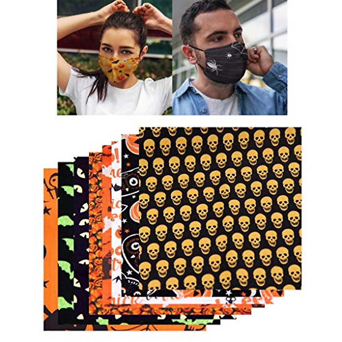 KIPETTO Halloween Cotton Fabric 16Pcs Squares Printed Patchwork Fabric for DIY Sewing Scrapbooking Quilting Masks, 9.8" x 9.8"