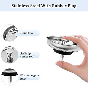 2 Pcs Stainless Steel Kitchen Sink Basket Strainer, Stopper Combo Basket Replacement for Standard Rubber Stopper Bottom with Rubber Stopper Fits Standard 3 1/2” Drains