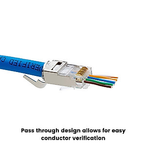 trueCABLE Cat6/6A RJ45 Pass Through Modular Plugs, Shielded (STP) External Ground Connector, UL Listed, EZ Crimp, Gold Plated 3 Prong 8P8C, 100 Pieces