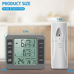 AMIR Upgraded Refrigerator Thermometer, Wireless Indoor Outdoor Thermometer, Sensor Temperature Monitor with Audible Alarm Temperature Gauge for Freezer Kitchen Home (Battery not Included, Grey)