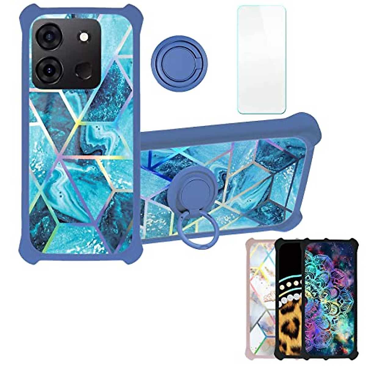 Case for Infinix Smart 7 Plus Case Compatible with Infinix Smart 7 Plus Phone Case Cover [with Tempered Glass Screen Protector][PC + TPU 2 in 1][Ring Support] [Colorful Reflect Light] IMDL-LS