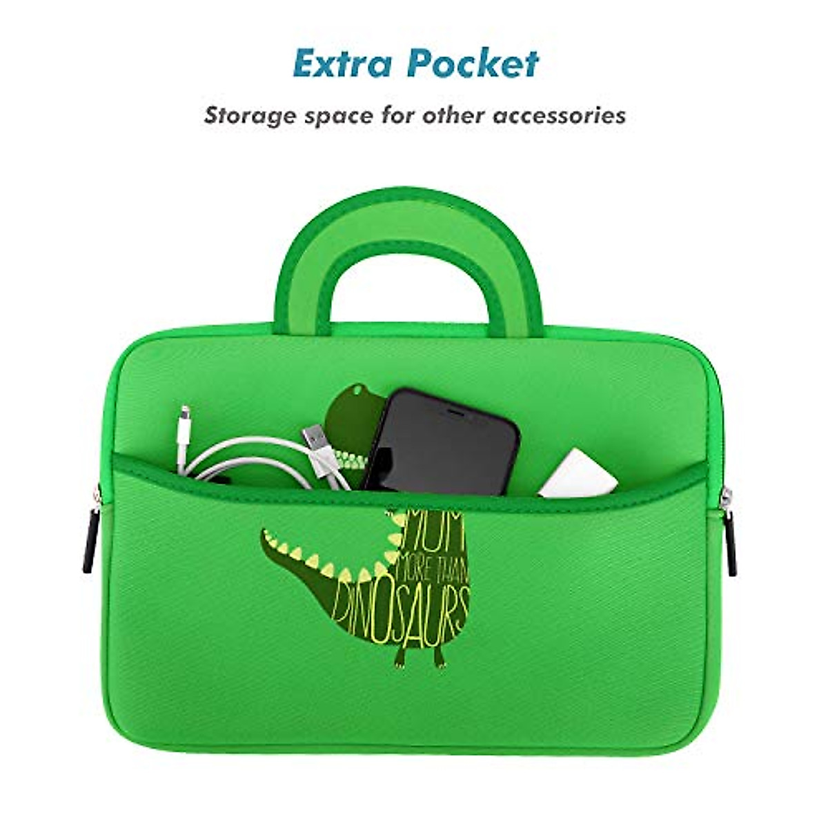 MoKo Fire HD 10 Inch Kids Tablet Sleeve Case Bag, [Shock-Proof] Zipper Handle Pouch Portable Neoprene Case Cover fits Fire HD 10 Plus 2021, Fire HD 10 Kids & Pro 2021 - Dinosaur Green