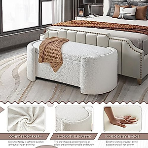 KINFFICT 43.4" Storage Ottoman Bench for Bedroom End of Bed, Upholstered Boucle Storage Bench, Modern Sherpa Benches Furniture with Safety Hinge for Entryway, Bedroom, Living Room, Teddy White