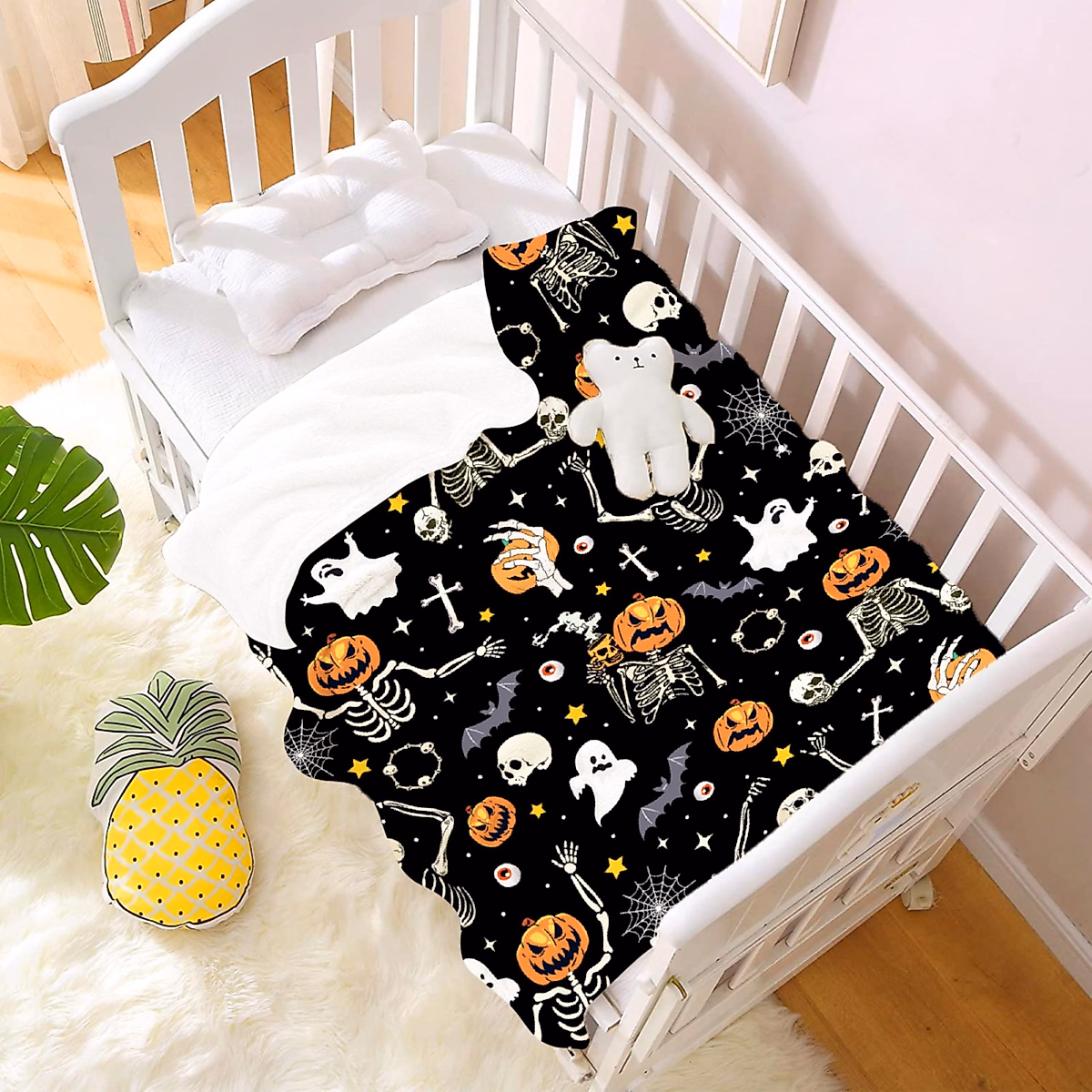 Skeleton Halloween Pumpkin Blanket Gifts for Kids Boys - Funny Skeleton Face Spooky Ghost Spider Webs Bats Halloween Birthday Party Favor Decorations - Super Cozy Flannel Sheet Sofa Decor - 40" X 30"