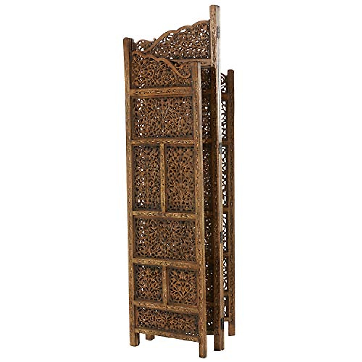 Deco 79 Wood Floral Handmade Hinged Foldable Arched Partition 4 Panel Room Divider Screen with Intricately Carved Designs, 80" x 1" x 72", Brown
