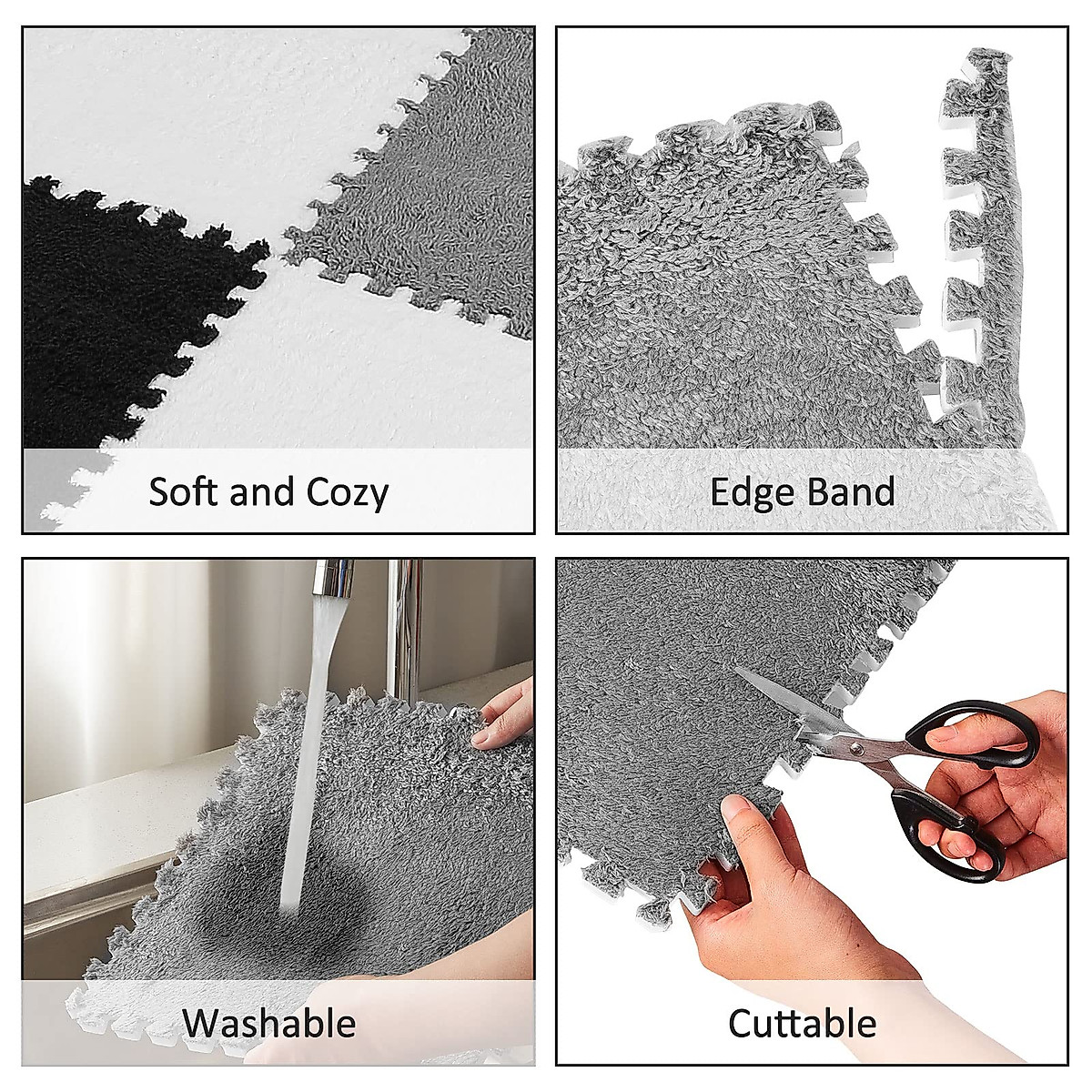 Amylove 36 Pcs Plush Foam Floor Mat Square Interlocking Carpet Tiles with Border Fluffy Play Mat Floor Tiles Soft Climbing Area Rugs for Home Playroom, 12 x 12 x 0.4 Inch (White, Gray, Black)