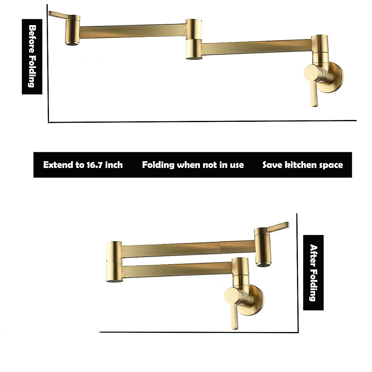 Brushed Gold Pot Filler Faucet Wall Mount, Biveah Brass Folding Kitchen Sink Faucet Single Hole, KLB011BG