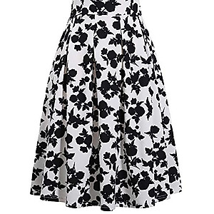 YATHON Women's Vintage Floral Flared A-Line Swing Casual Party Dresses with Pockets (S, YT018-Black White Flo)