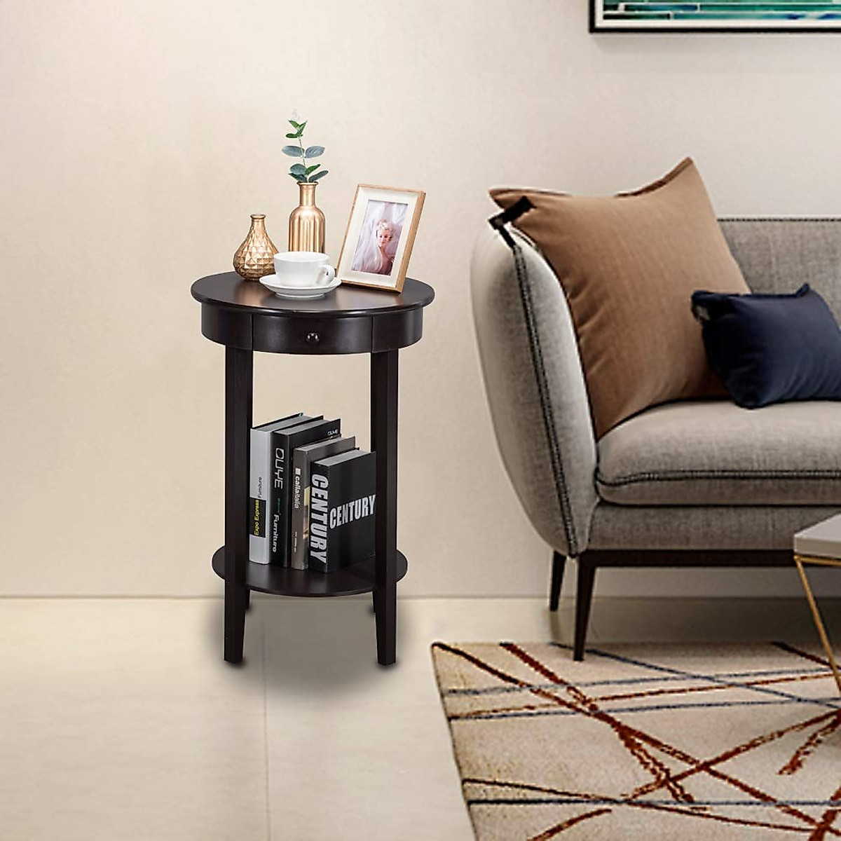 RLZCFF 47x47x71CM Simple Round with Drawer Side Coffee Table Side Table End Table Brown for Livng Room