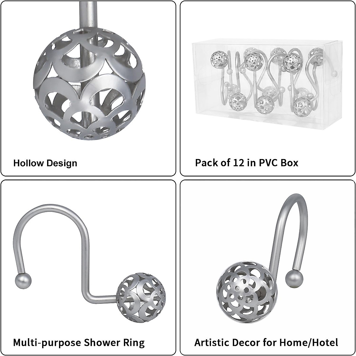 Gracelife 12Pcs Hollow Ball Shower Curtain Hooks Luxury Quality Rustproof Stainless Steel Shower Curtain Rings Hooks for Bathroom Rod (Nickel)