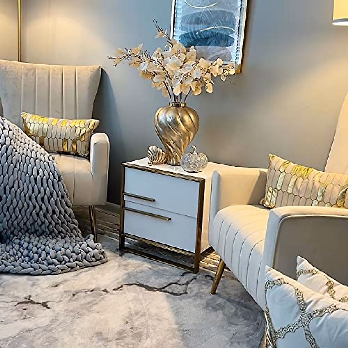 HERNEST Modern Nightstand Storage Cabinet with Solid Wood 2 Drawers Sofa Bedside End Table Glam Steel Frame Accent Furniture Without Assembly for Bedroom/Living Room/Salon/Office, Left White