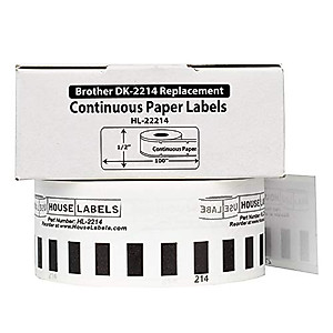 HOUSELABELS Compatible with DK-2214 Replacement Roll for Brother QL Label Printers; Continuous Length Labels; 1/2" 100 feet (12mm*30.48m) with 1 Reusable Cartridge - 6 Rolls