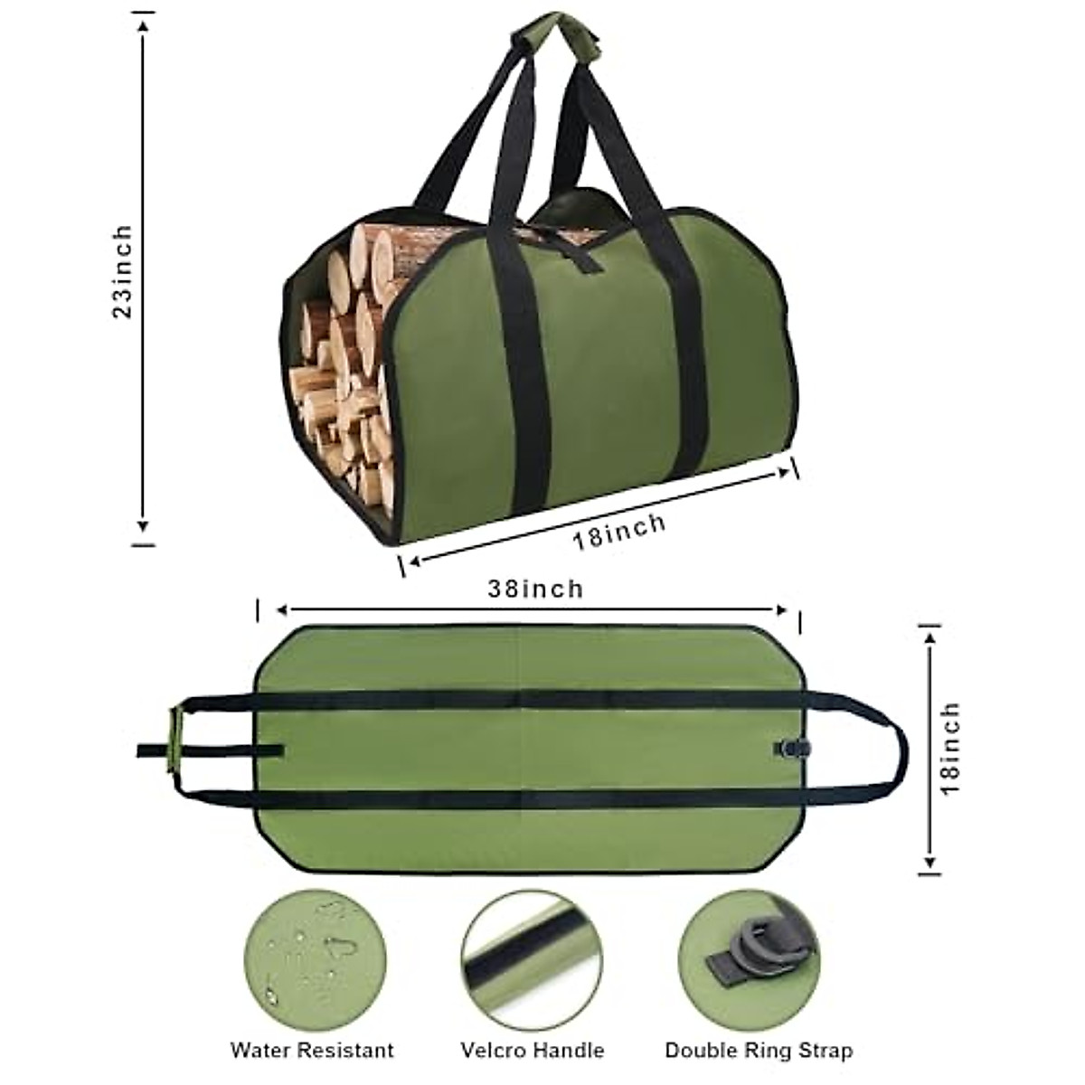 Hongmai Wood Carrier for Firewood with Handles, Canvas Firewood Log Carrier Tote, Firewood Holder Fireplace Accessories, Firewood Carrier Bag for Indoor, Outdoor, All Weather Camping (Green)