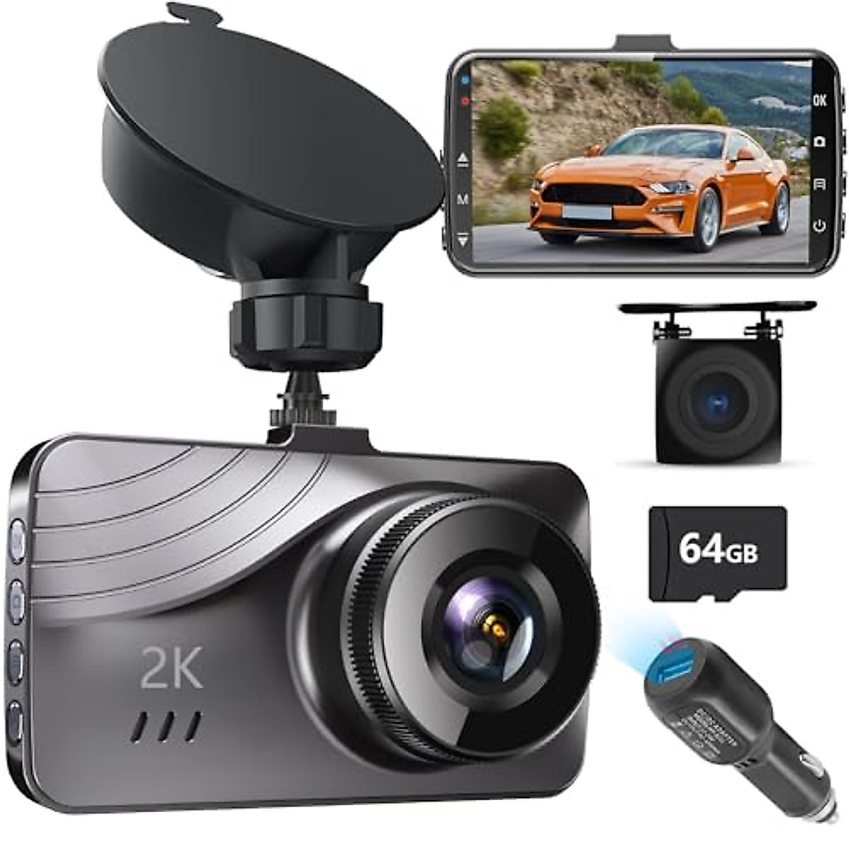 Dash Cam Front and Rear, 2K+720P Dual Dash Camera for Cars with 3'' IPS Screen, Car Camera with Night Vision, Built-in WiFi, Metal Body, G-Sensor, 24H Parking Monitor, Loop Recording, Free 64GB Card