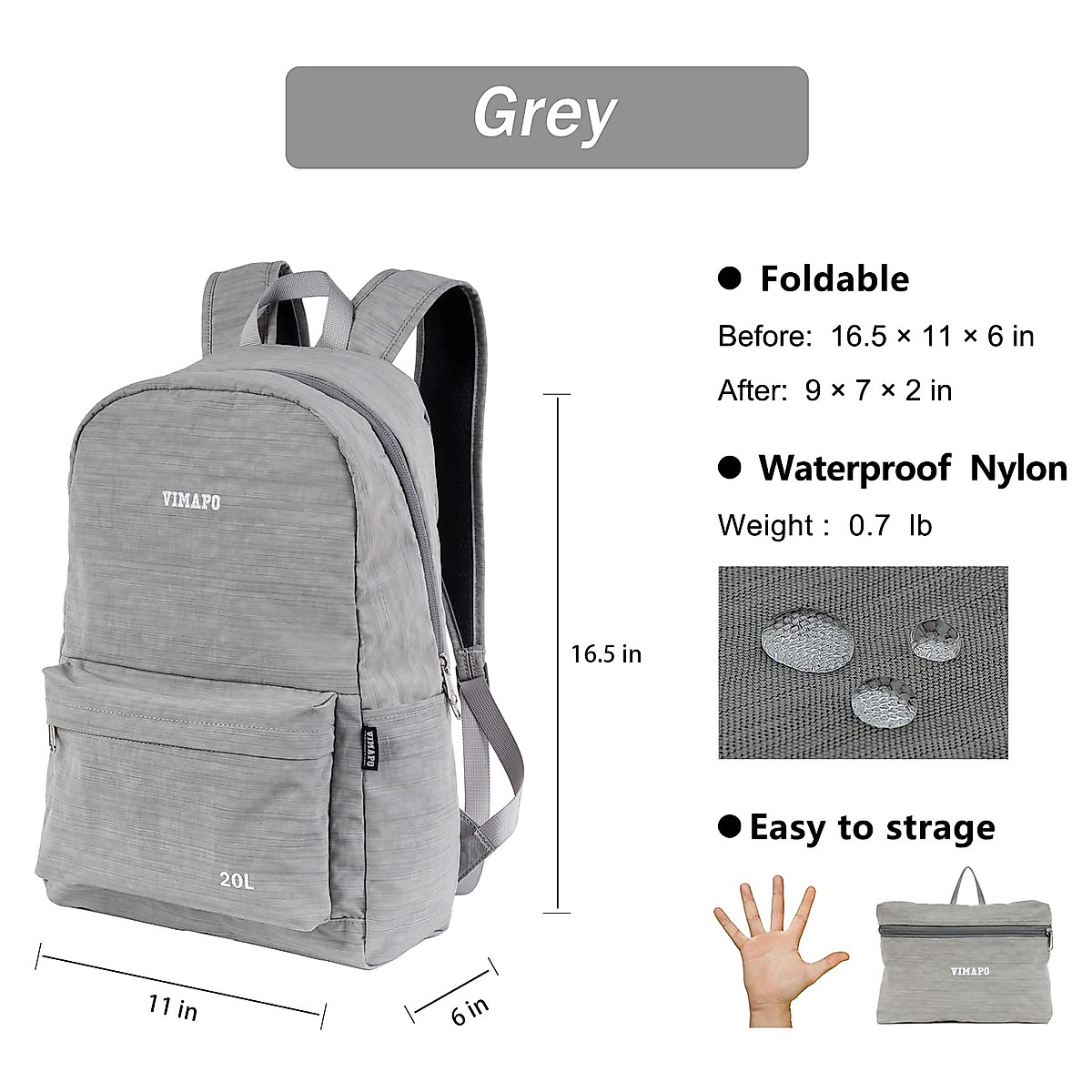 vimapo Lightweight Foldable Backpack for Travel, 20L Packable Hiking Daypack, Camping Outdoor Cycling Bag for Adult & Teen (Grey)