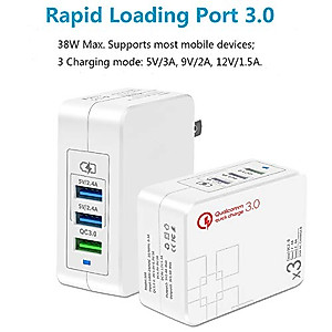 Fast Charge 3.0 USB Wall Charger (3A Max.) with Dual 5V/2.4A USB Ports (Total 4A), Portable 38W QC3.0 USB Charger Power Adapter with Foldable Plug for iPhone XS/Max/XR/X/8/7/6s/Plus, iPad Pro/Air