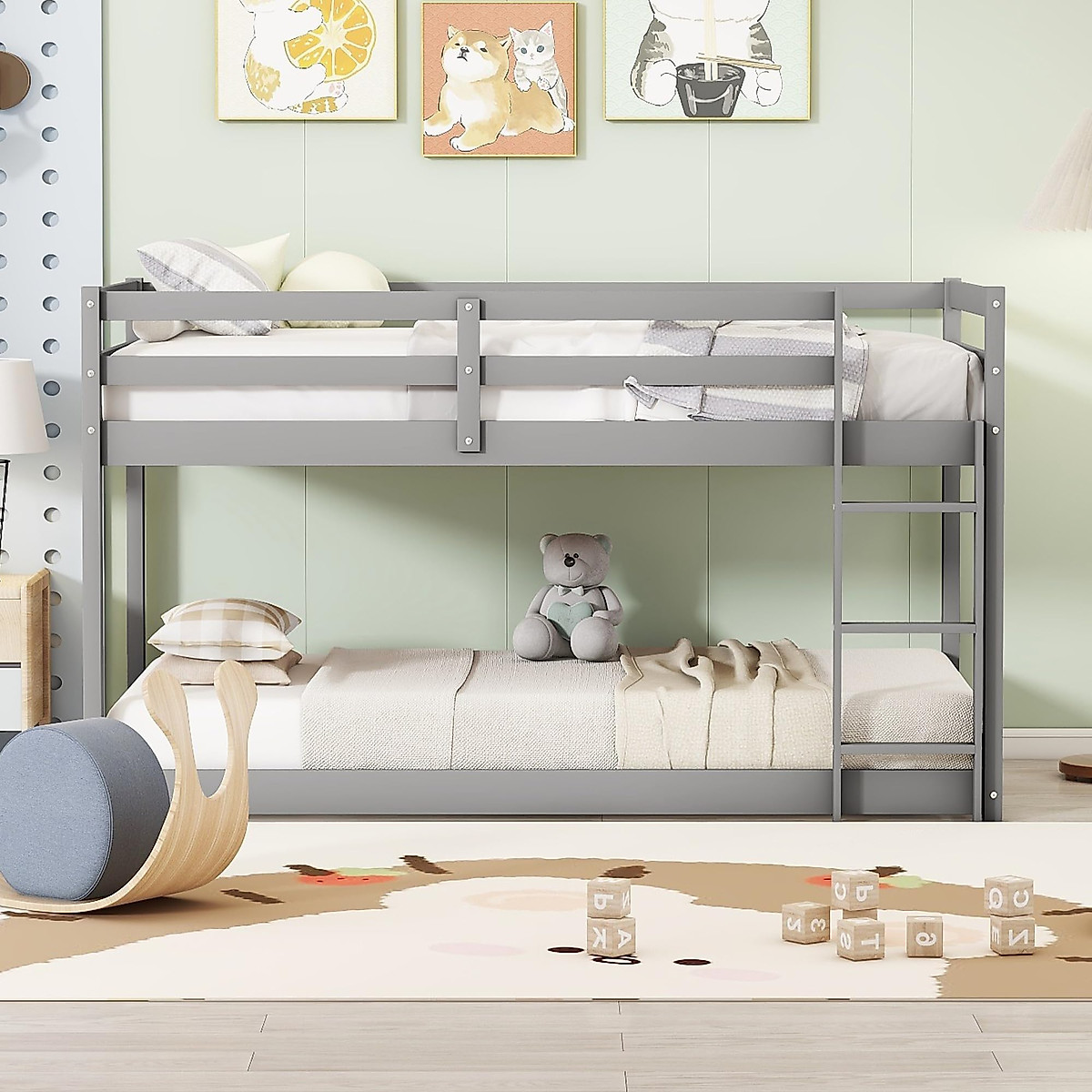 Harper & Bright Designs Low Bunk Bed Twin Over Twin, Wood Twin Kids Bunk Bed with Ladder, Floor Bunk Bed Frame for Boys, Girls, No Box Spring Needed, Easy Assembly, Grey