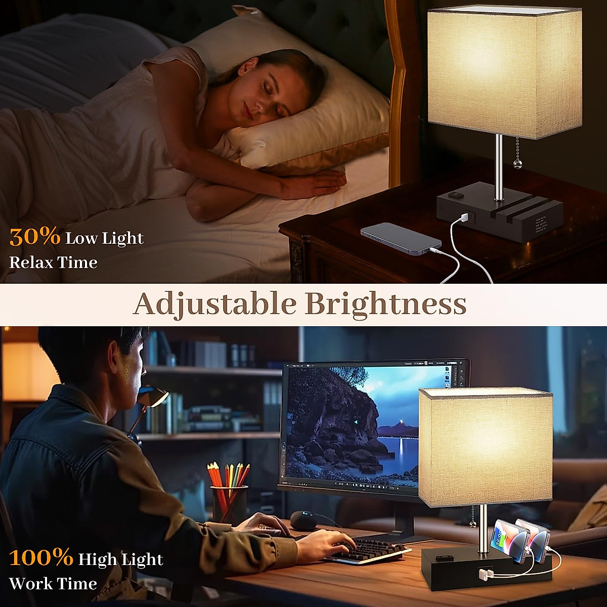 YIEELOG Smart RGB Dimmable Table Lamp Work with Alexa&APP&Remote Control, Bedside Desk Lamp with Charging Ports&Outlet&Phone Stand, Music Sync Nightstand Lamp for Bedroom Living Room Office Dorm