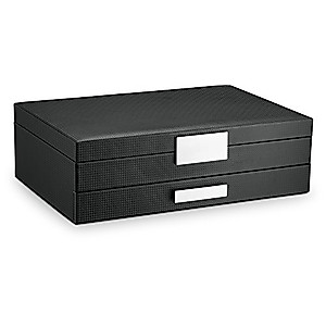 Glenor Co Mens Valet/Dresser Organizer - Luxury 12 Slot Jewelry Accessories Box, Carbon Fiber Design, Drawer Tray, Metal Buckle & Large Mirror for Men’s Watches, Sunglasses, Wallet… Pu Leather Black