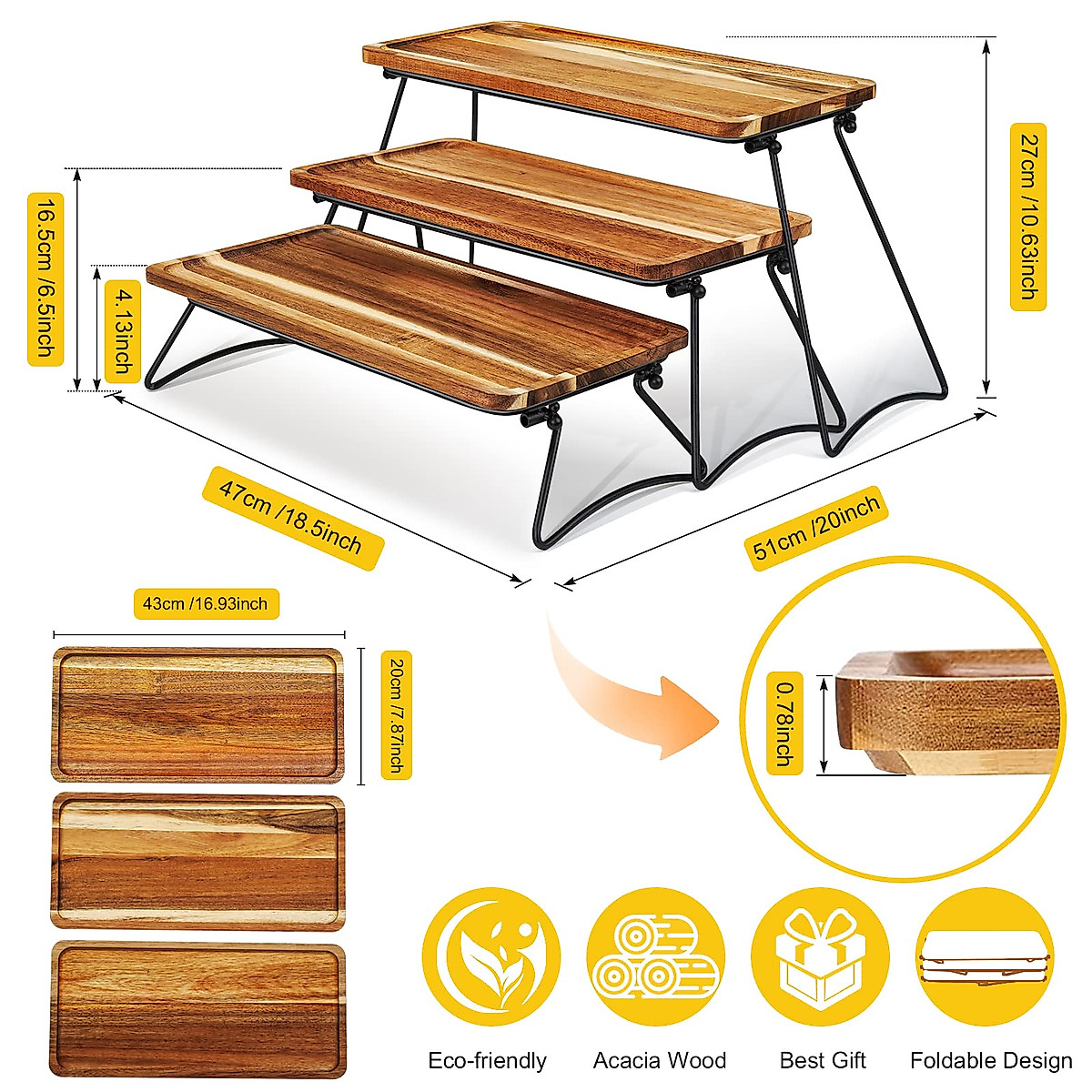 3 Tier Wooden Cupcake Stand Serving Tray, FODIENS Acacia Wood Dessert Table Display Set with Foldable Iron Frame, Decorative Tiered Charcuterie Boards Serving Trays Platters for Party Entertaining