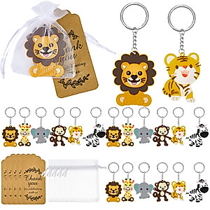 270 Pieces Cute Jungle Animal Keychains Safari Animals Party Favors Zoo Animals Key Ring Decoration with Thanks Kraft Tags and White Organza Bags for Birthday Party Favor