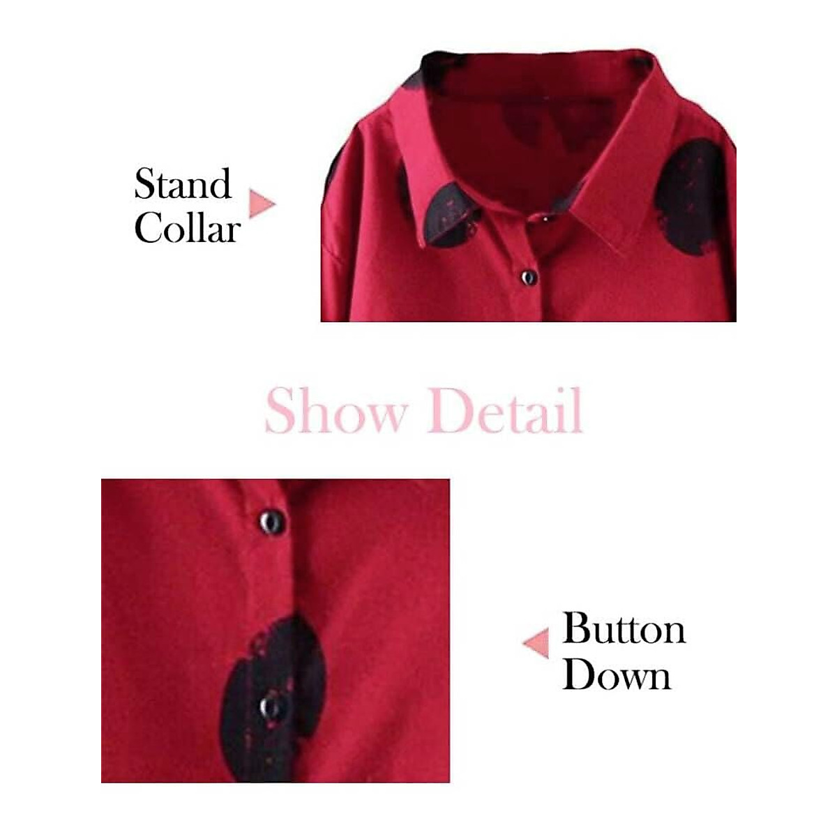 Minibee Women's Button Down Tunic Tops Polka Blouse Cotton Shirts Red M