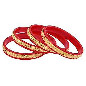 Efulgenz Traditional Bridal Red Acrylic Indian Wedding Bangles Gold Tone Engraved Glossy Bracelet Bangle Jewelry for Women (4 Pcs) Size 2.8