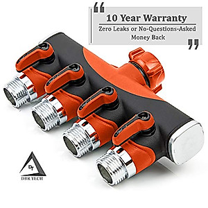 DBR Tech 4 Way Garden Hose Splitter for Outdoor Lawn and Gardening Hoses, Heavy Duty Metal Faucet Attachment, Leak Resistant Threading with Shut Off Valves, Four Way Spigot Adapter Full Flow, Orange