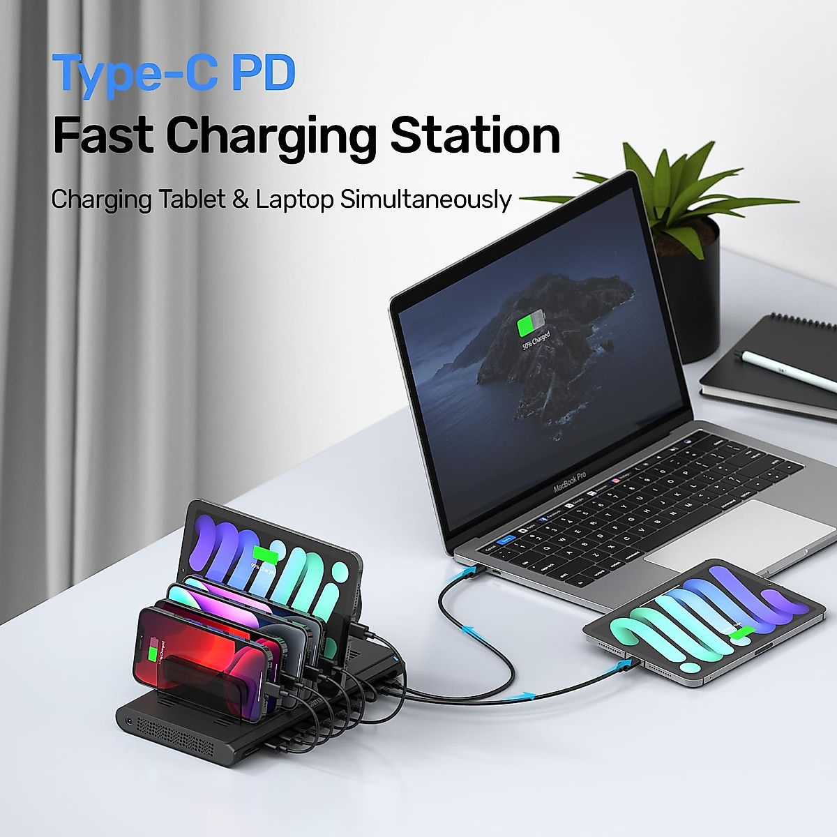 Unitek iPad Charging Station for Multiple Devices, 120W USB Charger Station Organizer with QC 3.0 & PD 60W/18W, 10 Port Fast Charging Dock for iPhone, Kindle, Tablet, Laptop and More
