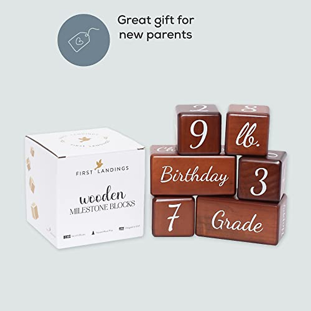 First Landings Milestone Blocks - Wooden Milestone Markers for Baby's First Year - Dark Brown