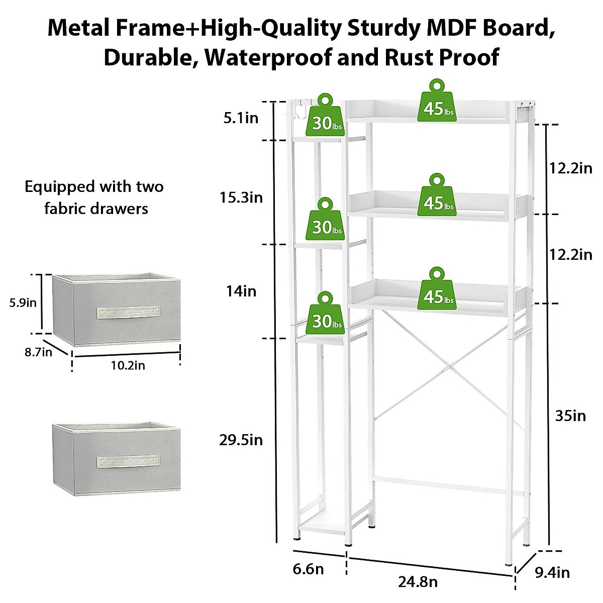 LWADALN Over The Toilet Storage Shelf, 7-Tier Bathroom Organizer Shelf, Freestanding Space Saver Storage Shelf with Two Fabric Drawers & Adjustable Feet, Toilet Rack for Bathroom, Restroom, Laundry