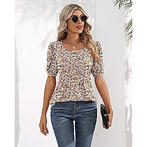 Ficerd Women's Puff Short Sleeve Tunic Tops Pleated Crew Neck Blouses Dressy Casual Loose Spring and Summer T-Shirts (Pink Flower, Medium)
