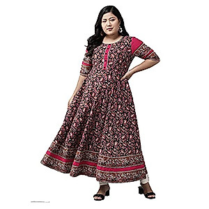 Yash Gallery Women's Plus Size Cotton Floral Printed Anarkali kurta (Black)