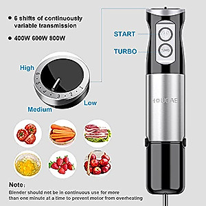 HOUCAE Hand Blender, Turbo for Finer Results, 4-in-1 Gift Set, 500 Watt 6-Speed Immersion Multi-Purpose Hand Blender Heavy Duty Copper Motor Brushed 304 Stainless Steel With Whisk, Milk Frother Attachments. Black.