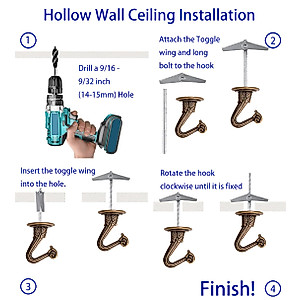 OBSTKUCHEN 4 Sets Swag Ceiling Hooks Heavy Duty Swag Hook with Hardware for Hanging Plants Ceiling Installation Cavity Wall Fixing (4, Antique Brass)