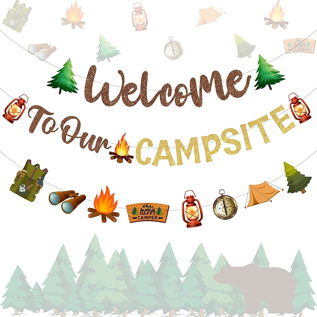 Fangleland Camping Party Decorations Welcome To Our CAMPSITE Banner, Camper Garland for Lumberjack Birthday Baby Shower Adventure Party Supplies