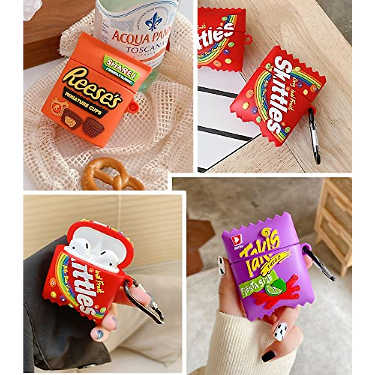 3Pack Cute Airpod case 2nd Generation,3D Cartoon Rainbow Candy+Purple Potato Chips+Chocolate Airpods Case Cover for Girls Boys,Food Design Silicone Protective Case for Apple Air Pod 2/1 with Keychain