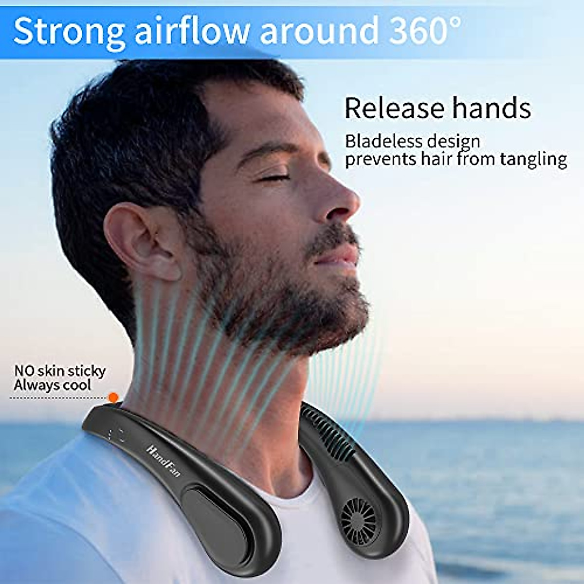 Bladeless Neck Fan 5000mAh, Necklace Fan Battery Operated 4 speeds, Wearable Fan Rechargeable Strong Airflow, Hands-Free Fan Portable, for Outdoor Activities Travel Office Home (Black)