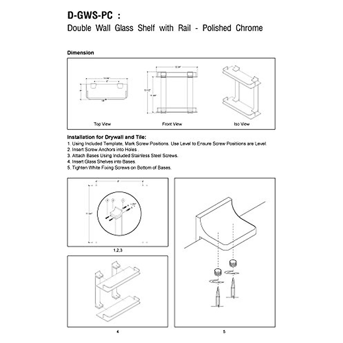 MODONA Double Glass Wall Shelf with Rail – Polished Chrome – 5 Year Warrantee