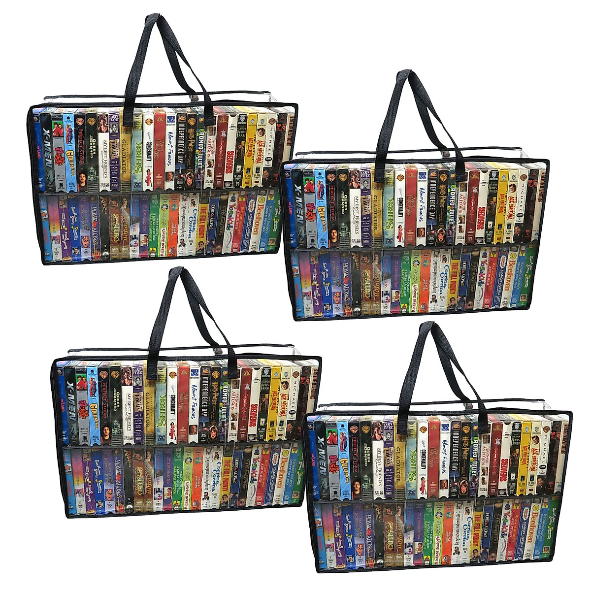 Evelots 4 Pack-VHS Movie Tape Storage Bag/Case, Clear PVC Plastic-Holds 200 Total, Strong Handles-No Dirt/Moisture/Dust