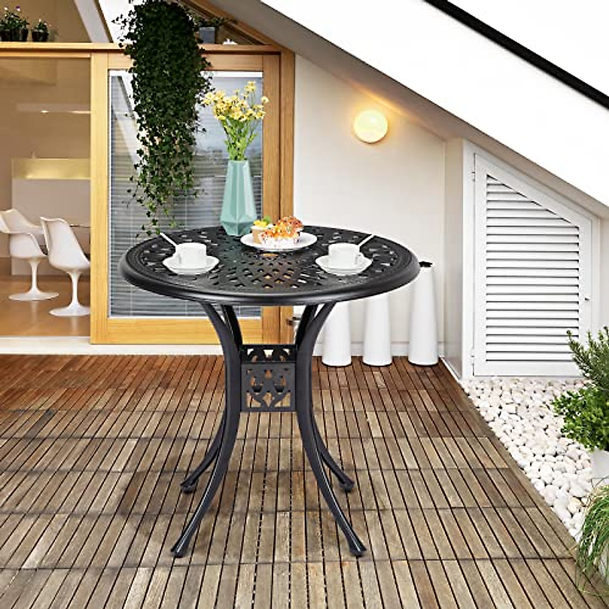 IDEALHOUSE Patio Bistro Table, Cast Aluminum Round Outdoor Table, Bistro Table with Umbrella Hole, for Poolside, Deck, Porch, Backyard, Garden, Balcony, Dia 30.25" x H 29.5", Black