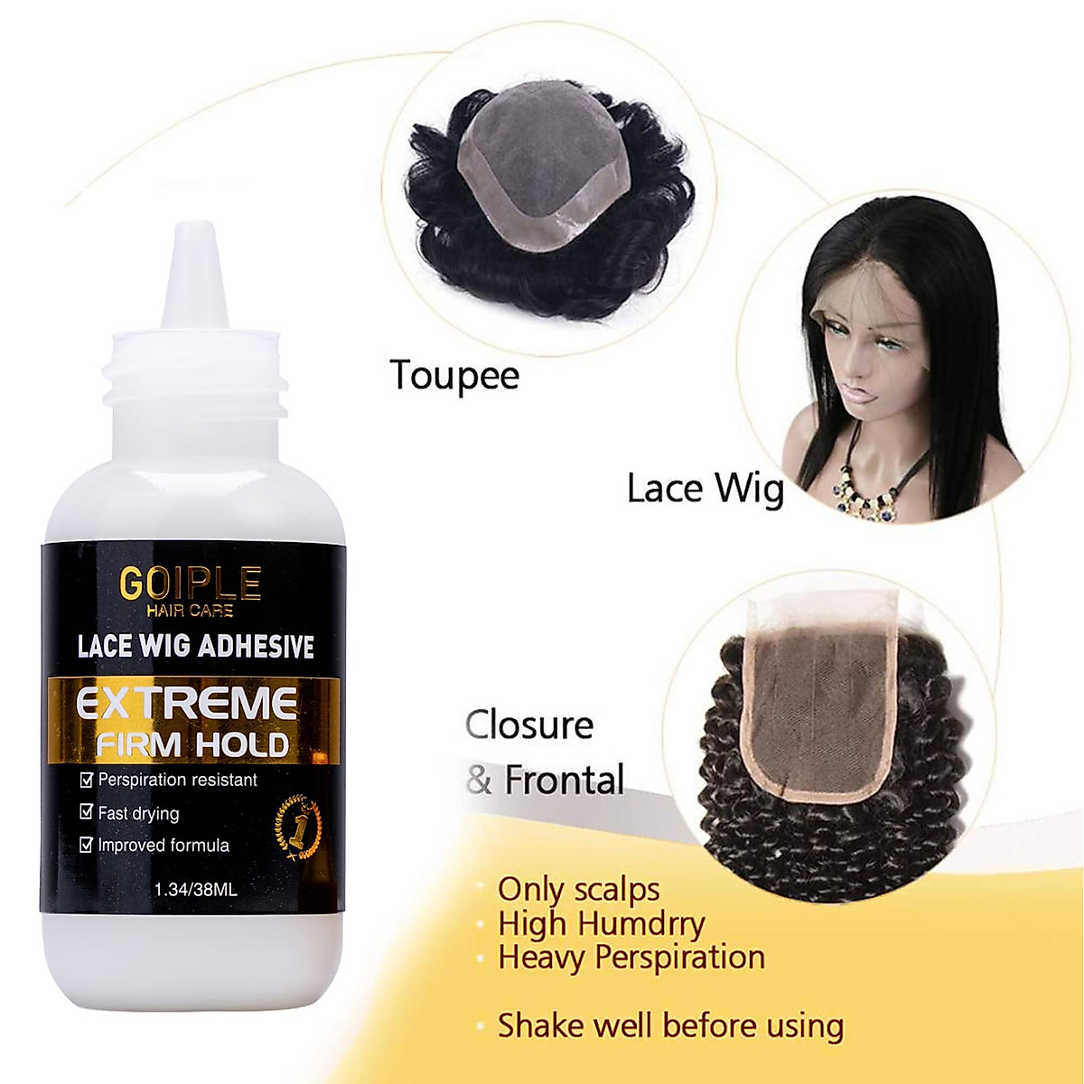 Goiple Wig Glue 1.34OZ, Waterproof Lace Front Wig Glue for Wigs, Strong Hold Transparent Lace Adhesive for Hair Replacement (38ML)