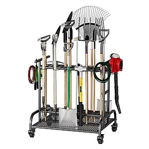 bimiti Garden Tool Organizer Garden Tool Rack Freestanding with Brake Wheels Lawn Tool Organizer for Up to 61 Tools Heavy Duty Steel Outdoor Garden Tool Storage Yard Tool Storage