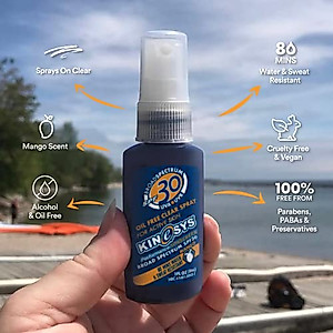 KINeSYS Lightly Mango Scented Clear Spray Sunscreen, SPF 30, Hypoallergenic, Broad Spectrum UVA/UVB protection for Face & Body; Alcohol, PABA & Oxybenzone FREE, Vegan, 170+ Sprays, 1 fl oz (Pack of 2)