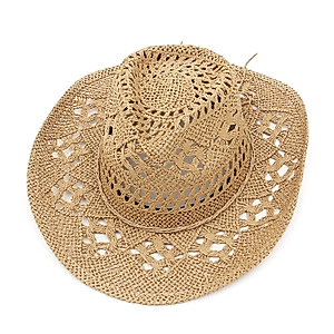 GEMVIE Men & Women's Summer Cowboy Cowgirl Straw Hat Hollow Out Style Roll Up Brim Cowboy Sun Hat Coffee