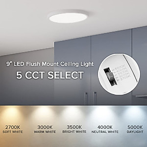 Maxxima 9 in. LED Flush Mount Ceiling Light Fixture - 1500 Lumens, 5 CCT 2700K-5000K, Round Color Selectable Panel Light, Dimmable, Recessed Can or J-Box Install, Suitable for Bathroom or Shower